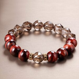 Jewever Natural Smoky Quartz Crystals with Red Tiger Eye Bracelets for Men Women Amulet Energy Healing Bring Wealth Prosperity Lucky Beads Jewelry Gifts Unisex