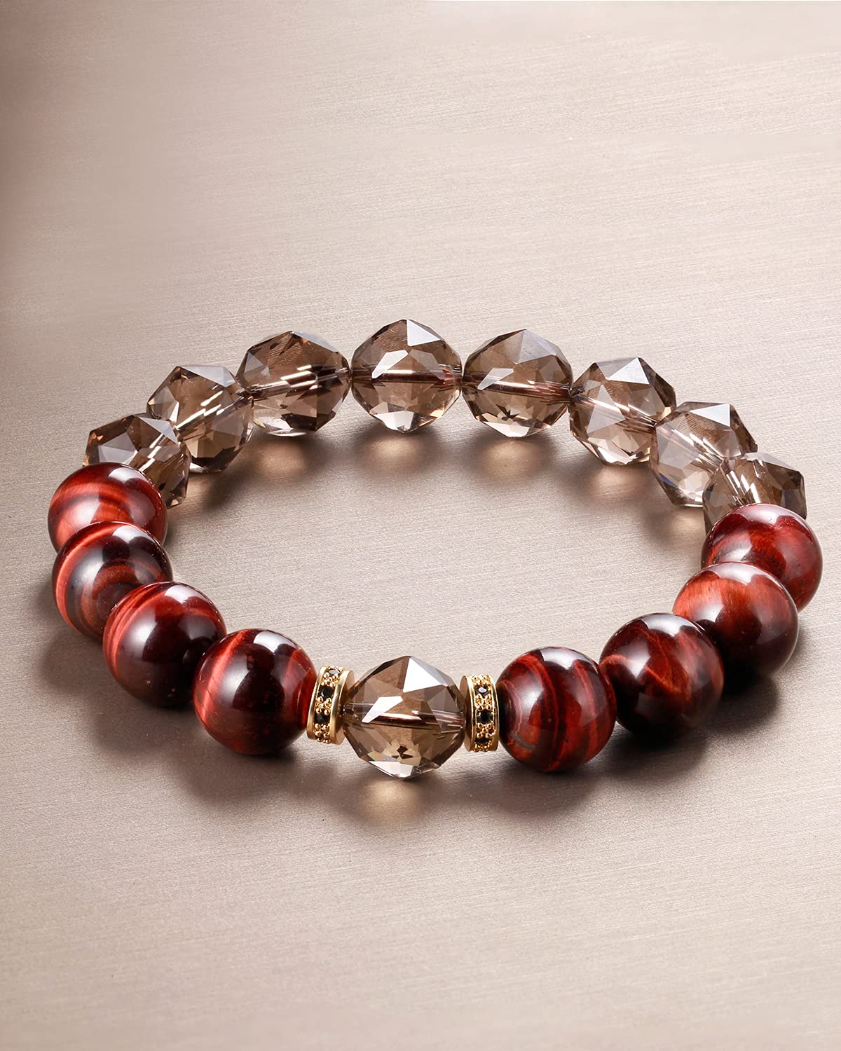 Jewever Natural Smoky Quartz Crystals with Red Tiger Eye Bracelets for Men Women Amulet Energy Healing Bring Wealth Prosperity Lucky Beads Jewelry Gifts Unisex