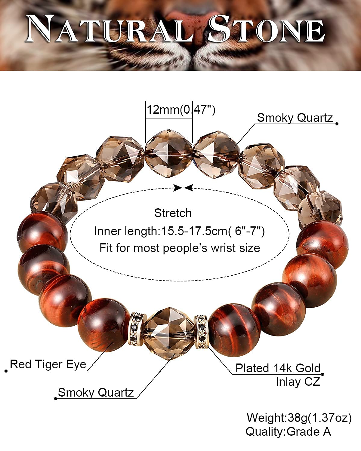 Jewever Natural Smoky Quartz Crystals with Red Tiger Eye Bracelets for Men Women Amulet Energy Healing Bring Wealth Prosperity Lucky Beads Jewelry Gifts Unisex