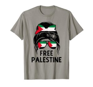 free palestine flag save gaza strip end messy hair bun t-shirt