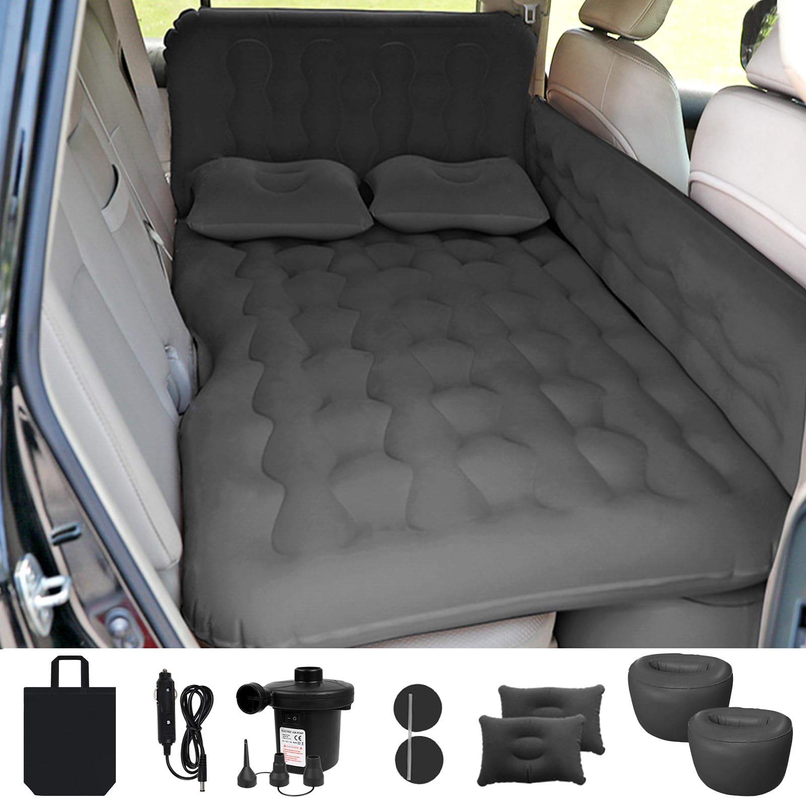 ISWEES Car Air Mattress,SUV Air Mattress, SUV Inflatable Car Bed for Back Seat Sleepping, with Pillows & Fill Piers, Thickened Flocking & PVC Surface, Air Mattress for Camping, Home Car Travel(Black)