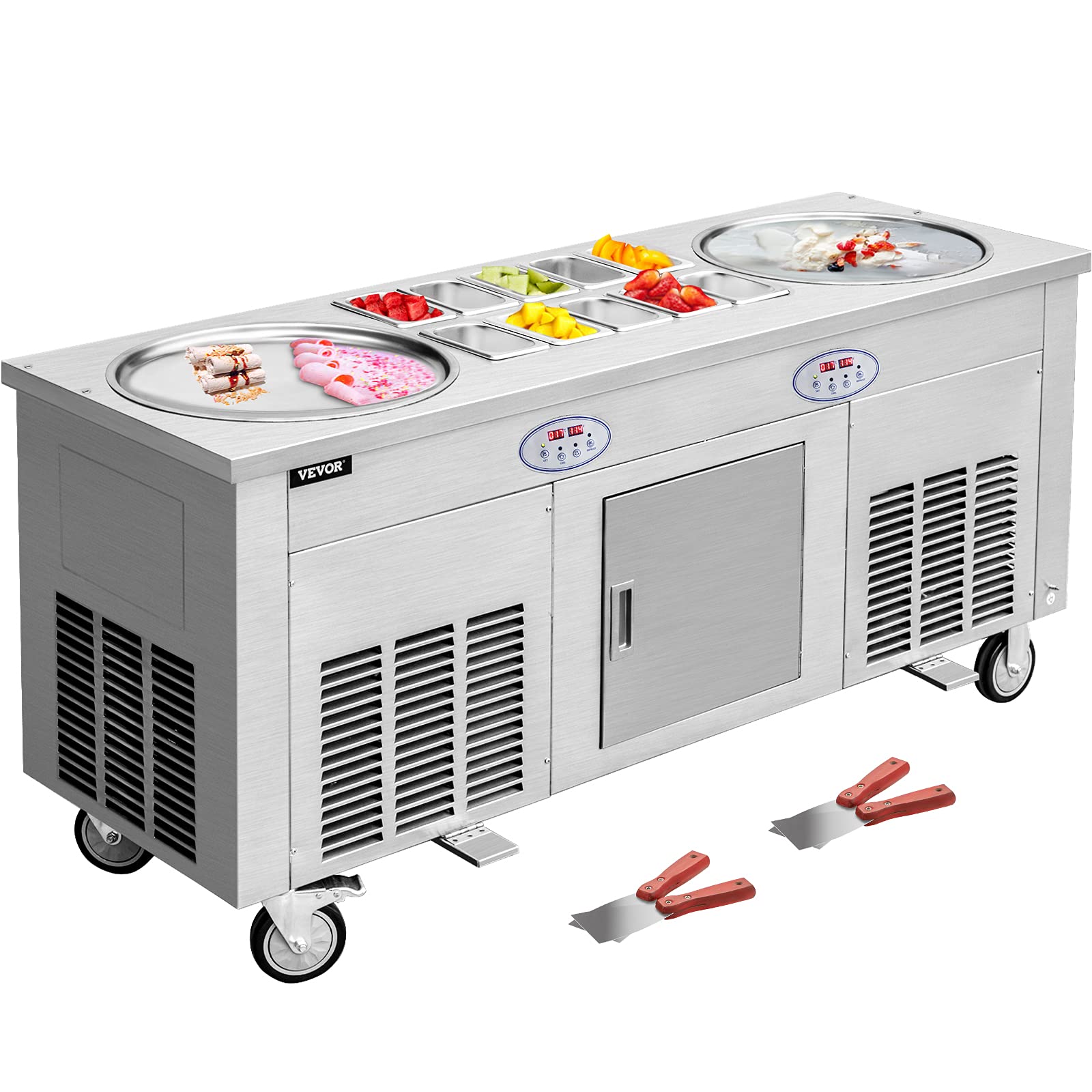 VEVOR Commercial Rolled Ice Cream Machine, 2800W Stir-Fried Ice Cream Roll Maker 2 Pans, Stainless Ice Cream Roll Machine w/Refrigerated Cabinet 10 Boxes, Yogurt Cream Maker for Bar Café Snack Stand