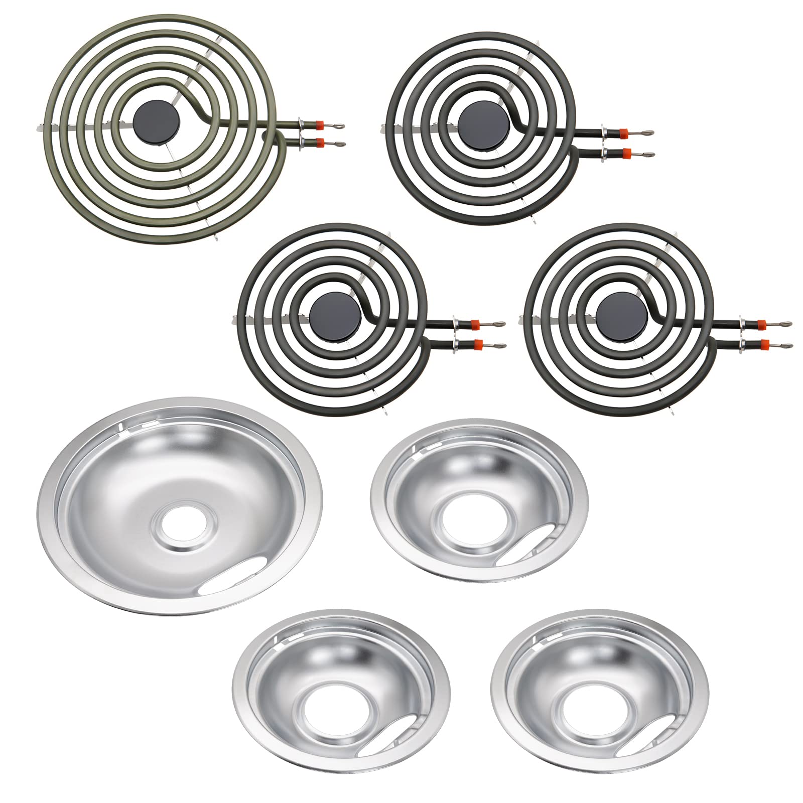 Siwdoy W10196405 W10196406 Chrome Drip Pan Set and MP21YA MP15YA Burner Surface Elements, Compatible with Whirlpool Range Oven