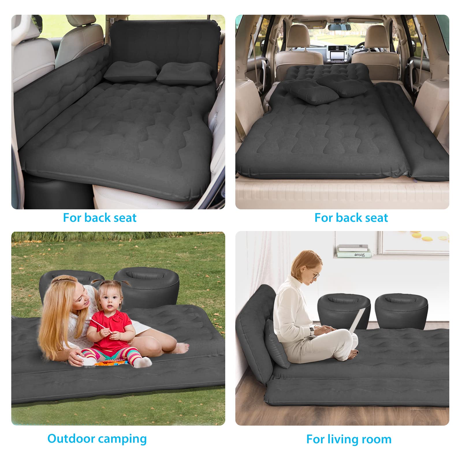 ISWEES Car Air Mattress,SUV Air Mattress, SUV Inflatable Car Bed for Back Seat Sleepping, with Pillows & Fill Piers, Thickened Flocking & PVC Surface, Air Mattress for Camping, Home Car Travel(Black)