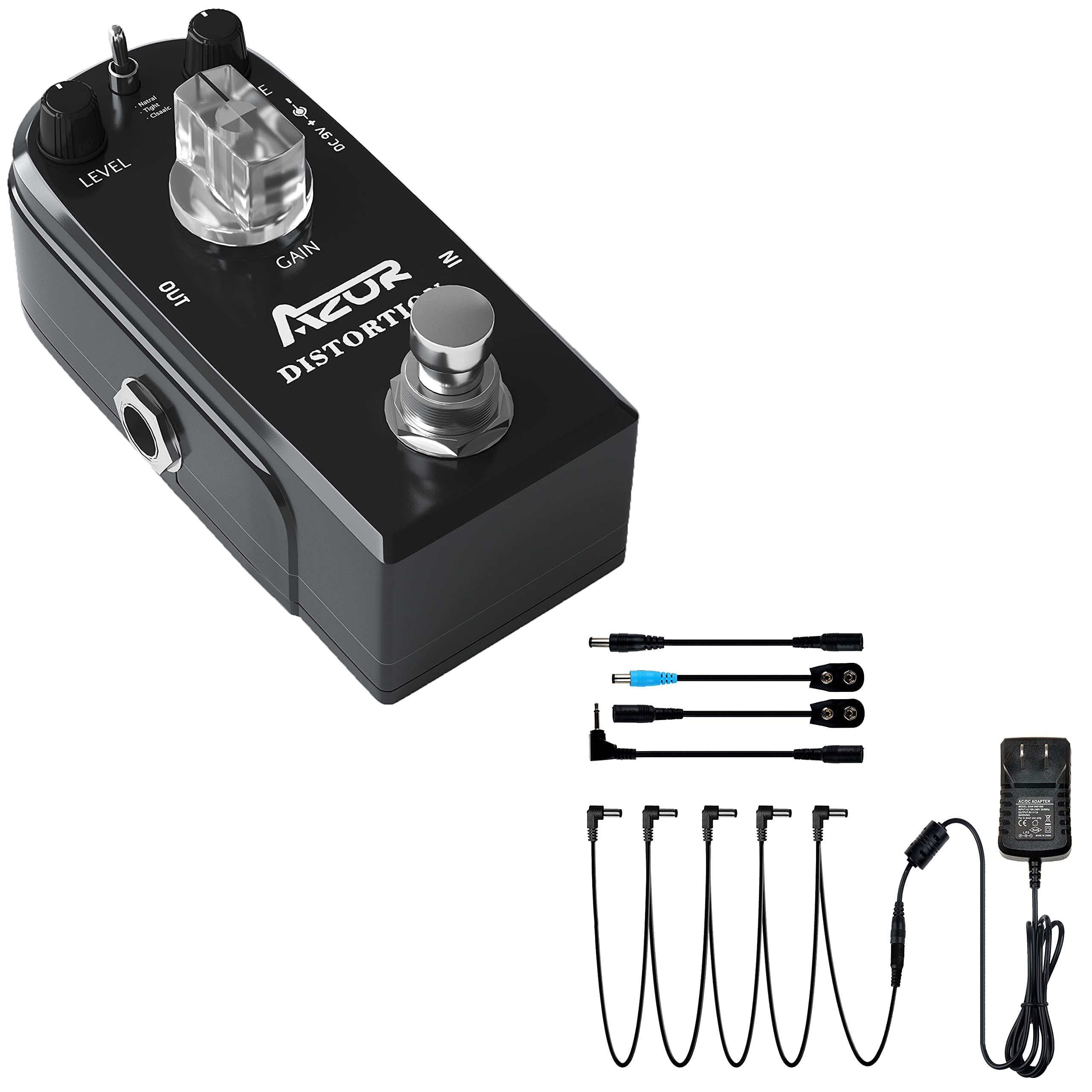 AZOR Pedal Power Adapter with Distortion Guitar Pedal Effect 3 Modes Natural, Tight, Classic with True Bypass Black AP-302