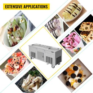 VEVOR Commercial Rolled Ice Cream Machine, 2800W Stir-Fried Ice Cream Roll Maker 2 Pans, Stainless Ice Cream Roll Machine w/Refrigerated Cabinet 10 Boxes, Yogurt Cream Maker for Bar Café Snack Stand