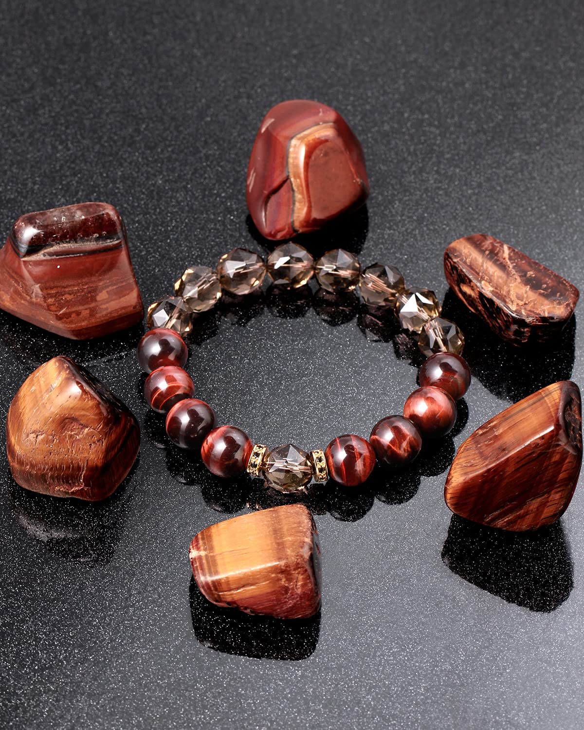 Jewever Natural Smoky Quartz Crystals with Red Tiger Eye Bracelets for Men Women Amulet Energy Healing Bring Wealth Prosperity Lucky Beads Jewelry Gifts Unisex