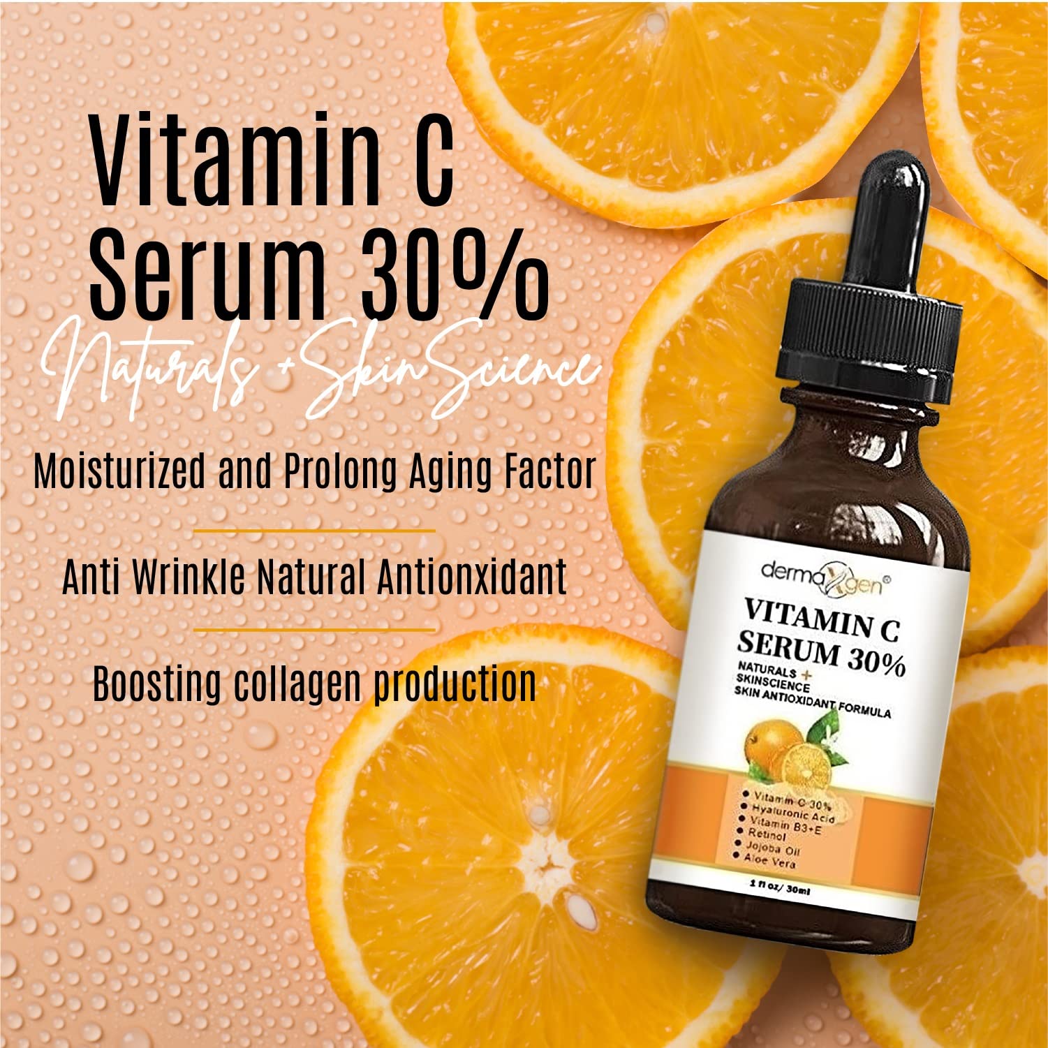 DERMAXGEN 30% Vitamin C Serum for Face, Hyaluronic Acid + Vitamin (B3 + E) + Jojoba + Aloe Vera- Natural & Organic Anti Wrinkle & Skin Rejuvenator Moisturizer Vitamin C for All Skin - Anti Aging Serum (1 FL OZ)