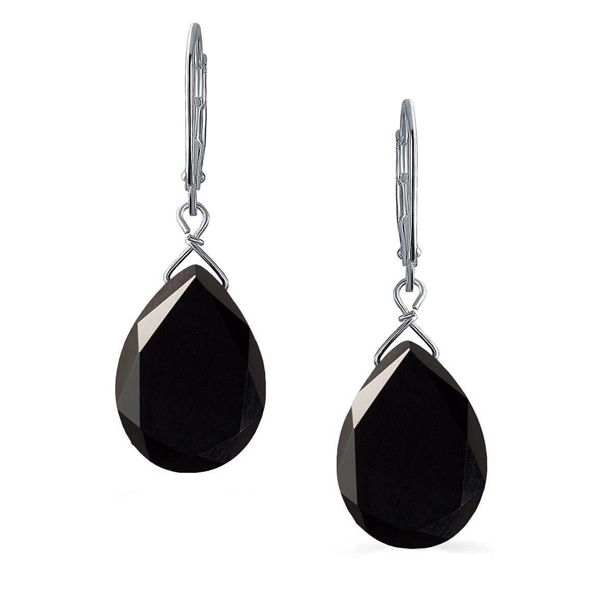 JewelryGift Black Color 925 Sterling Silver Natural Black Onyx Teardrop Pear Shaped Drop Dangle Leverback Earrings For Women