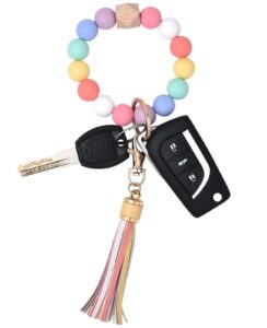 baosiwa silicone beaded keychain bracelet wristlet key ring rainbow bangle chains for women with leather tassel