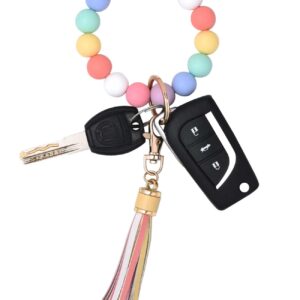 BAOSIWA Silicone Beaded Keychain Bracelet Wristlet Key Ring Rainbow Bangle Chains for Women with Leather Tassel