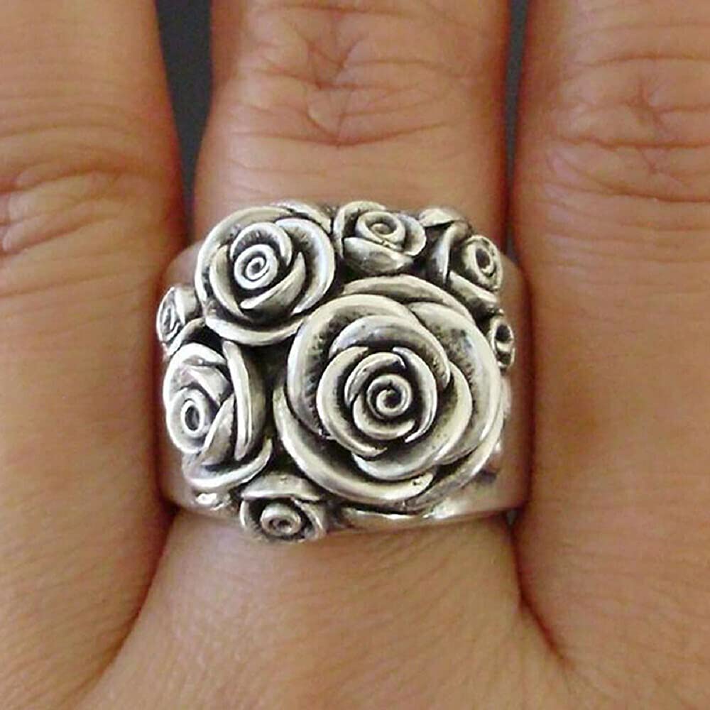 GUIDECUN Chic Vintage Stainless Steel Three-Dimensional Rose Flower Promise Statement Cocktail Party Chunky Ring (US Size 8)