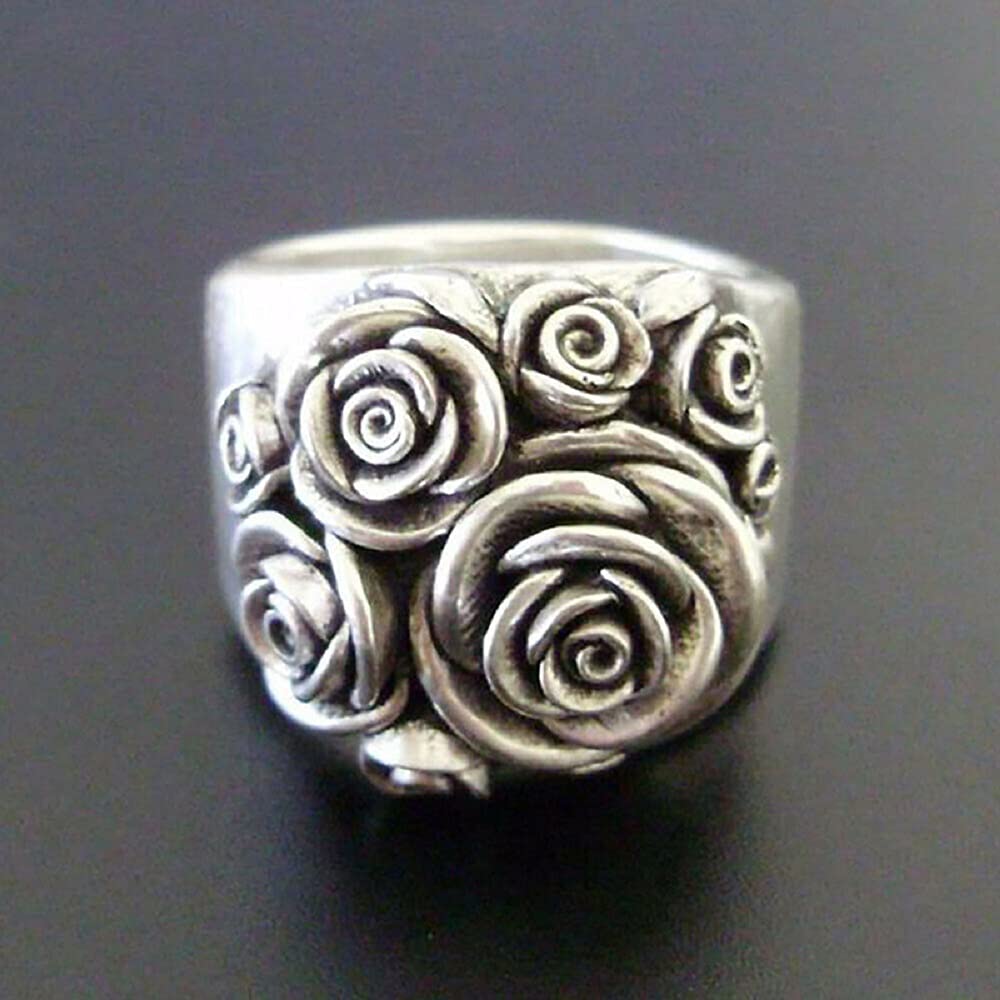 GUIDECUN Chic Vintage Stainless Steel Three-Dimensional Rose Flower Promise Statement Cocktail Party Chunky Ring (US Size 8)