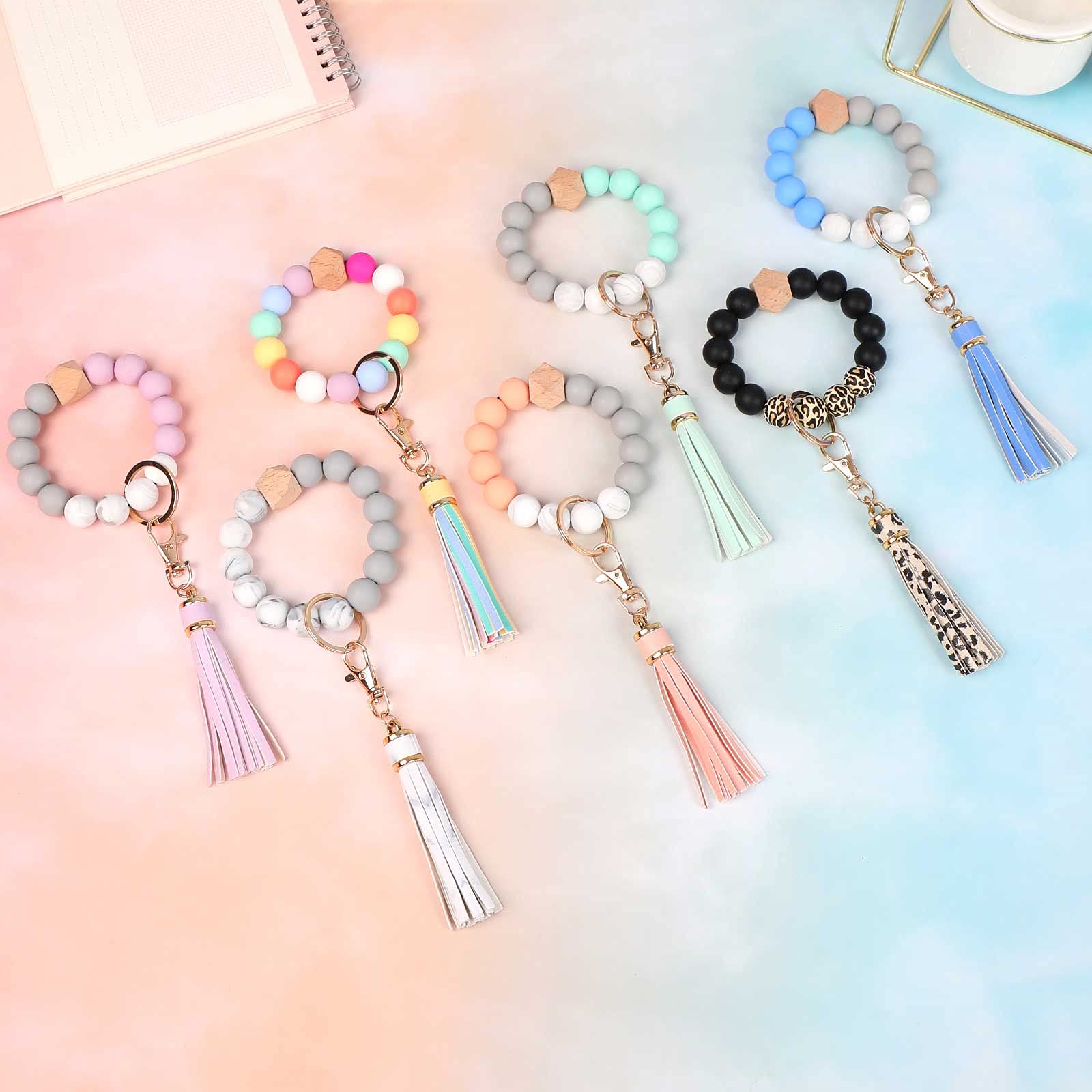 BAOSIWA Silicone Beaded Keychain Bracelet Wristlet Key Ring Rainbow Bangle Chains for Women with Leather Tassel