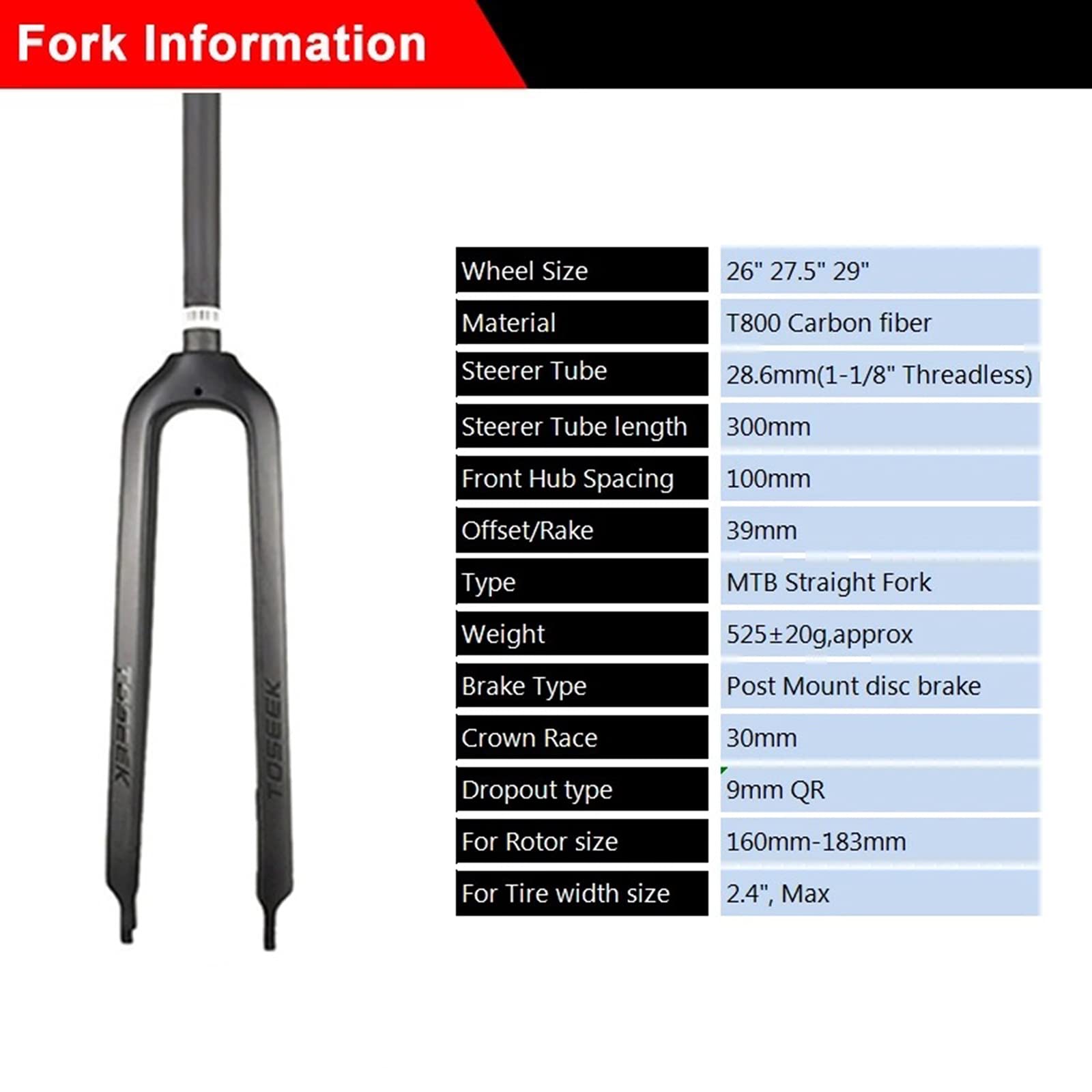 Matte 3K Carbon Fiber Mountain Bike Fork 1-1/8" Rigid Disc Brake 26/27.5/29er Straight Tube 28.6mm, Ultralight Bicycle Carbon Fiber Fork fit Mountain Bike Road,29ER