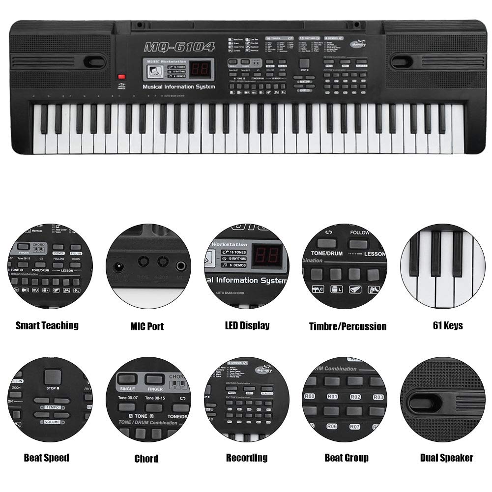 Electronic Keyboard for Beginners, Portable 61 Key Electronic Piano with USB LCD Display Microphone Score Holder,for Kids Adults