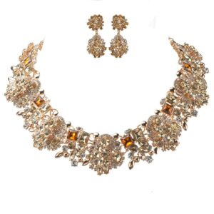 Vintage Crystal Rhinestone Statement Choker Bib Statement Necklace Earring Fashion Costume Jewelry Set for Women Champagne