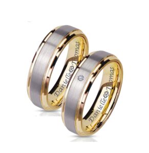 personalized two tone brushed silver & gold ring set custom engraved free - couple's ring set - wedding band set - ships from usa