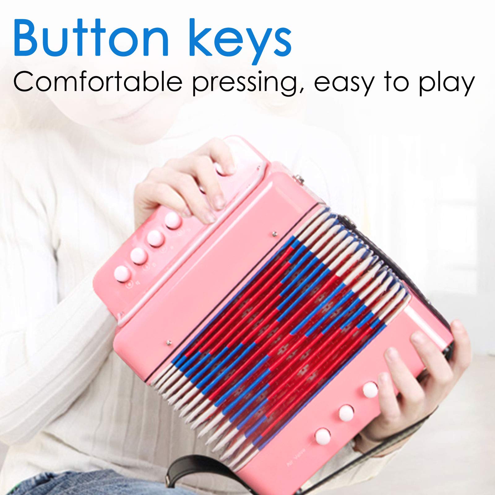 Accordion Mini Musical Instruments 7 Keys Button for Beginners Adults Pink