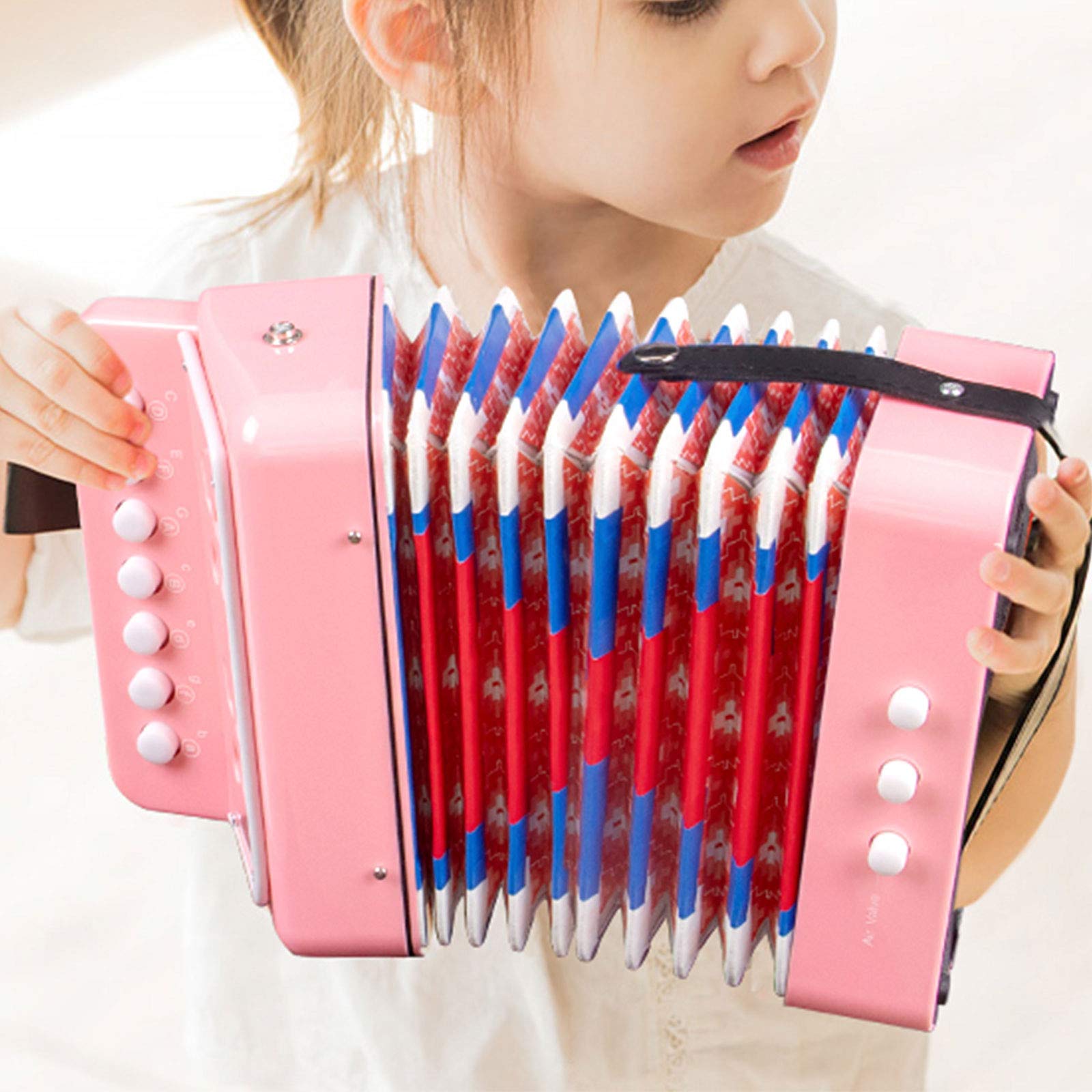 Accordion Mini Musical Instruments 7 Keys Button for Beginners Adults Pink