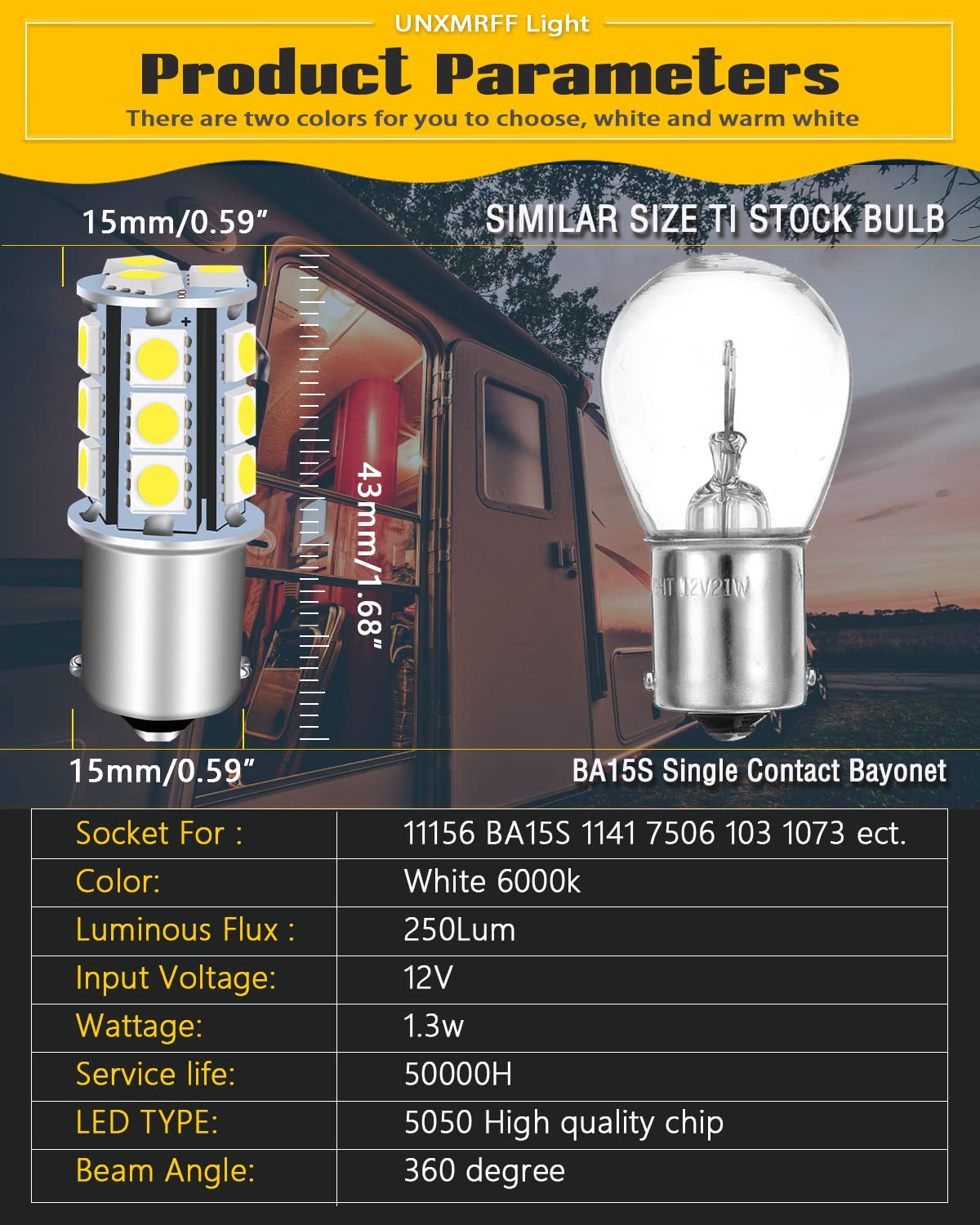 UNXMRFF 1156 LED Bulb White Super Bright 1073 1003 BA15S 7506 1141 LED Bulbs 5050 18-SMD Replacement for 12V RV Interior Ceiling Dome Light/Travel Trailer/Boat Indoor/Camper Light Bulbs (Pack of 6)