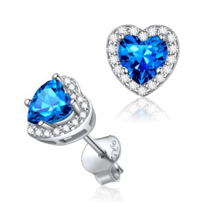 chicsilver women march birthstone jewelry 925 sterling silver heart blue aquamarine stud halo earrings 7mm birth stone hypoallergenic earrings for women