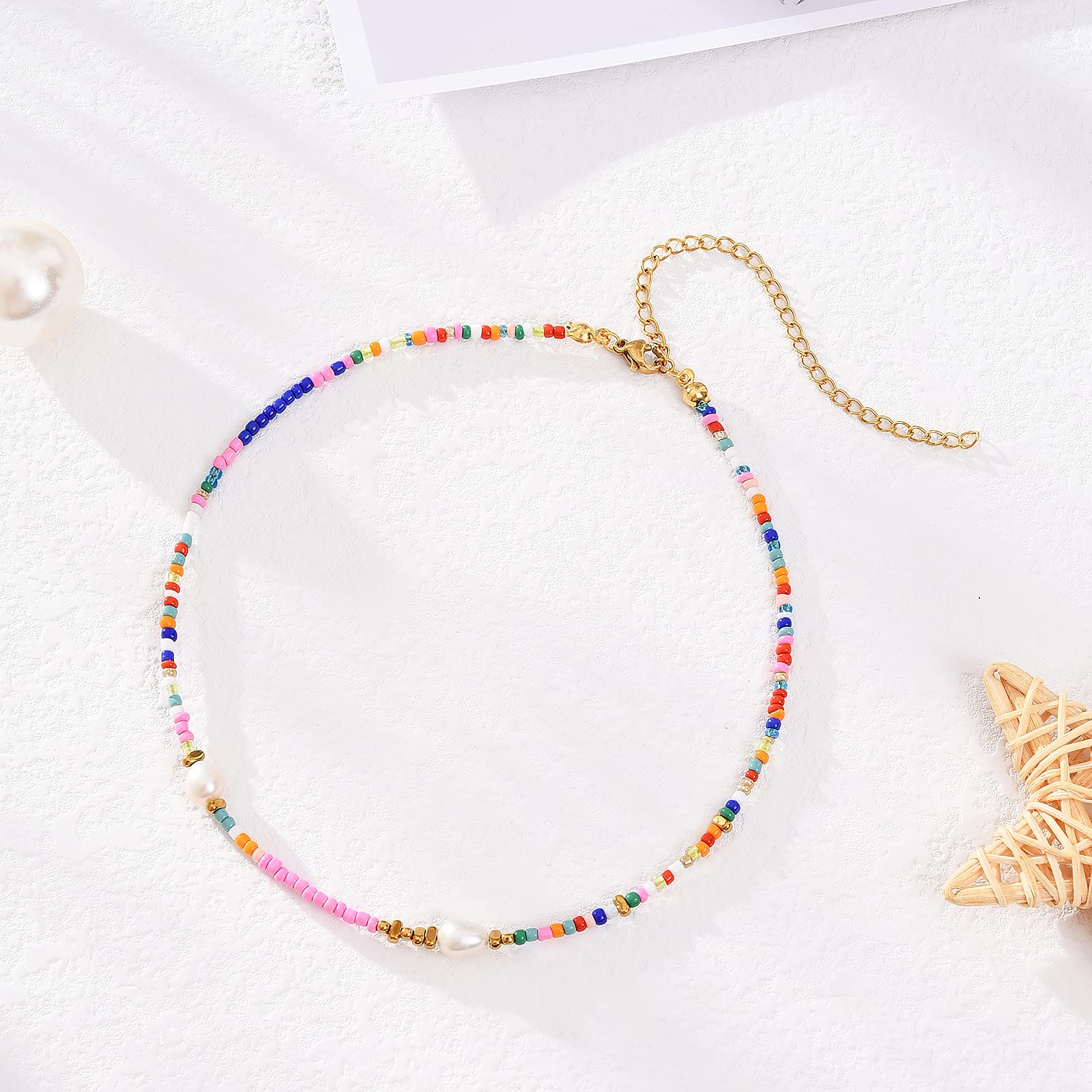 Wellike Colorful Beaded Necklace for Women Real Freshwater Pearl Beaded Choker, Dainty Gold Necklaces for Teen Girls 18K Gold Trendy Y2K Jewelry Gifts for Summer