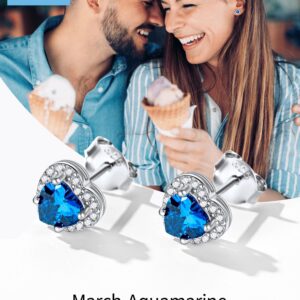 ChicSilver Women March Birthstone Jewelry 925 Sterling Silver Heart Blue Aquamarine Stud Halo Earrings 7mm Birth Stone Hypoallergenic Earrings for Women