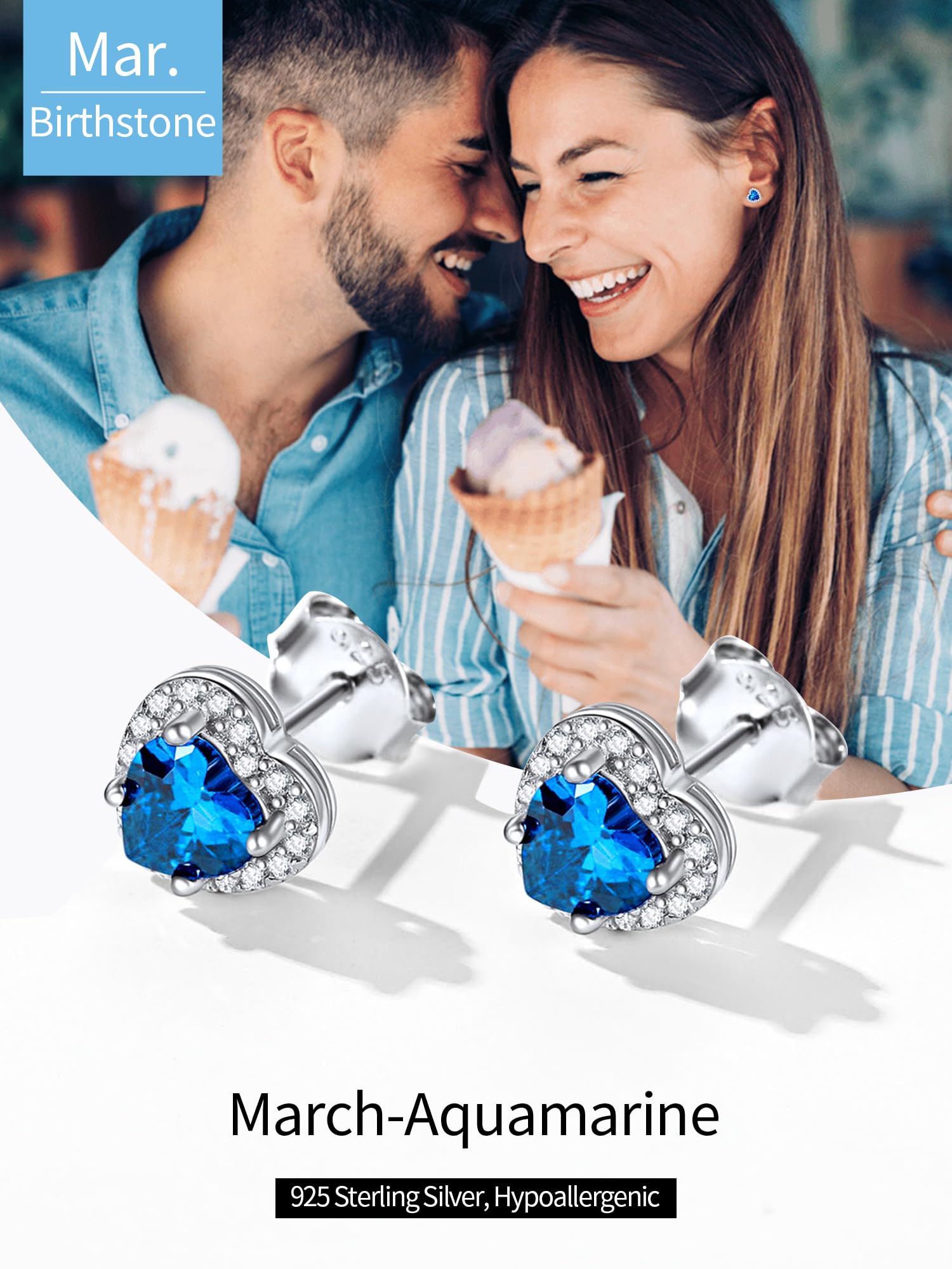 ChicSilver Women March Birthstone Jewelry 925 Sterling Silver Heart Blue Aquamarine Stud Halo Earrings 7mm Birth Stone Hypoallergenic Earrings for Women