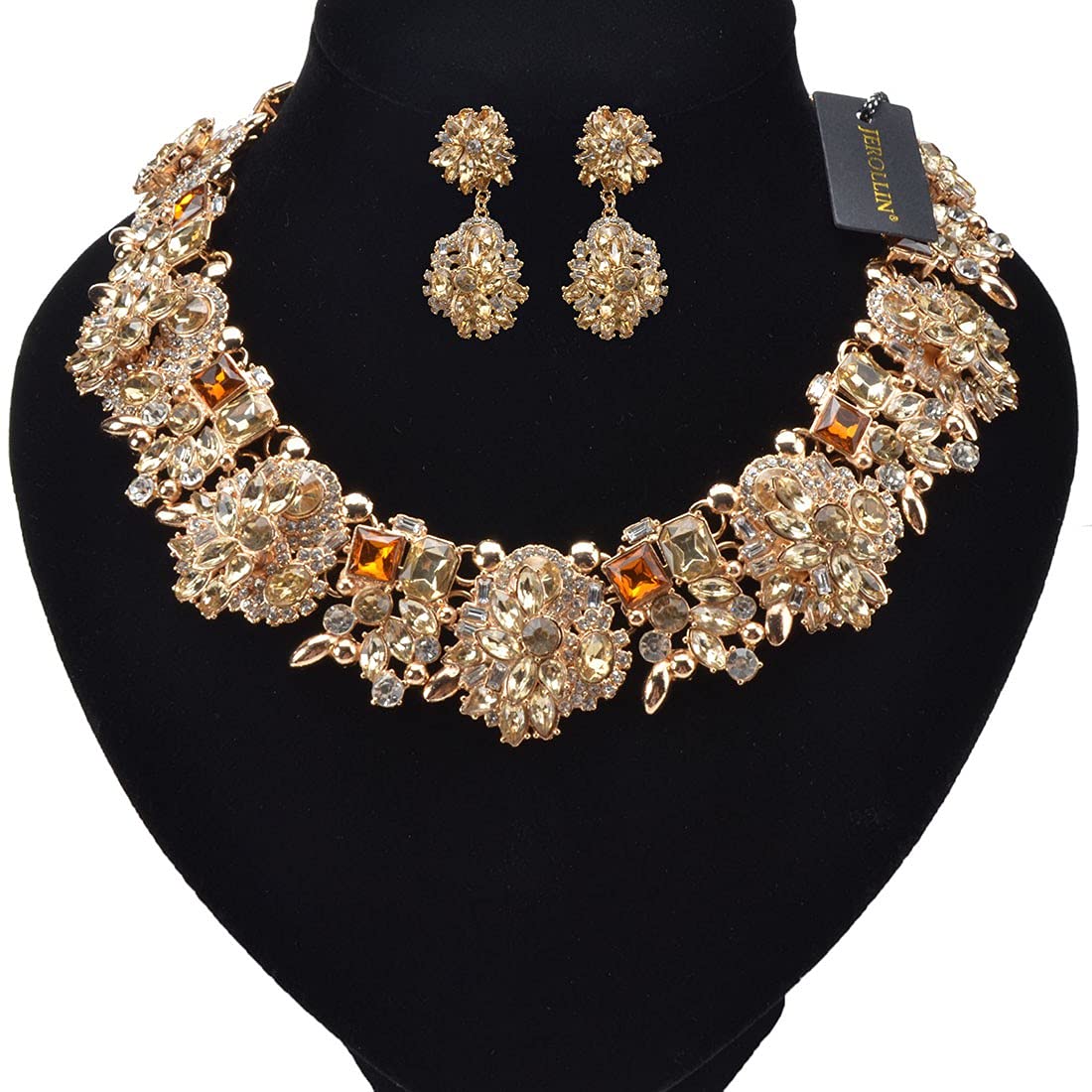 Vintage Crystal Rhinestone Statement Choker Bib Statement Necklace Earring Fashion Costume Jewelry Set for Women Champagne