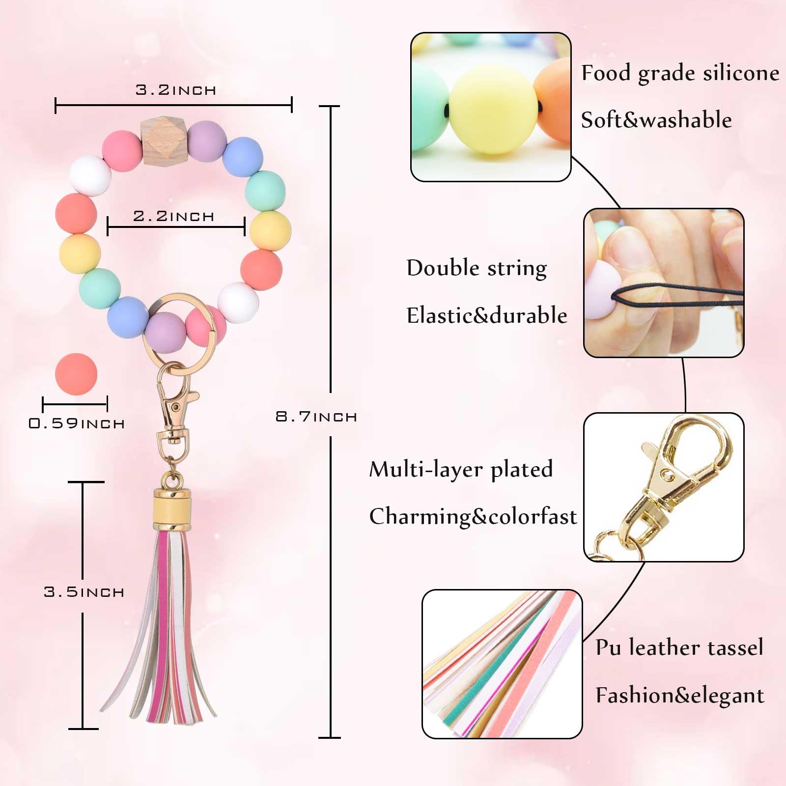 BAOSIWA Silicone Beaded Keychain Bracelet Wristlet Key Ring Rainbow Bangle Chains for Women with Leather Tassel