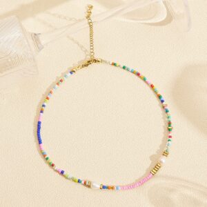 Wellike Colorful Beaded Necklace for Women Real Freshwater Pearl Beaded Choker, Dainty Gold Necklaces for Teen Girls 18K Gold Trendy Y2K Jewelry Gifts for Summer