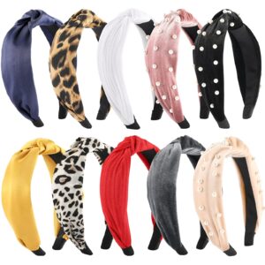 Funtopia Fashion Headbands for Women Girls, 10 Pcs Knotted Pearl Wide Top Knot Turban Hair Bands/ Hoops Vintage Velvet Leopard Print