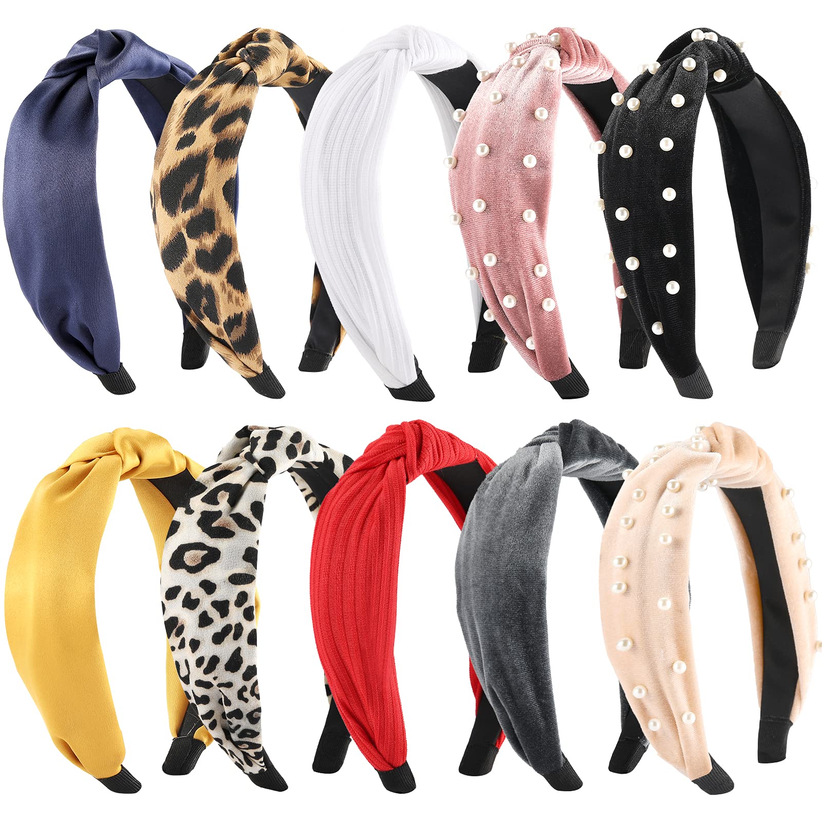 Funtopia Fashion Headbands for Women Girls, 10 Pcs Knotted Pearl Wide Top Knot Turban Hair Bands/ Hoops Vintage Velvet Leopard Print