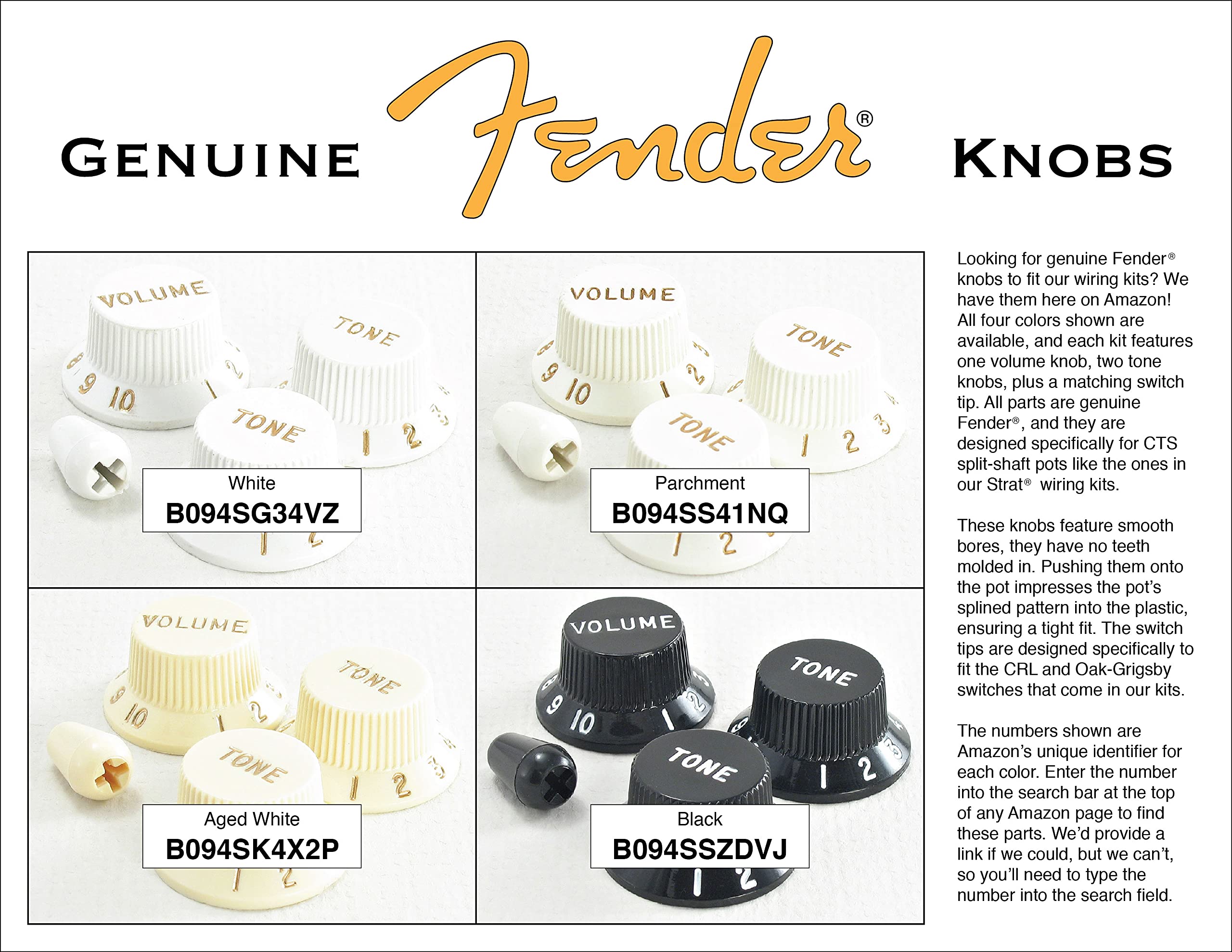 ToneShaper Fender Knob Set, Strat, Aged White