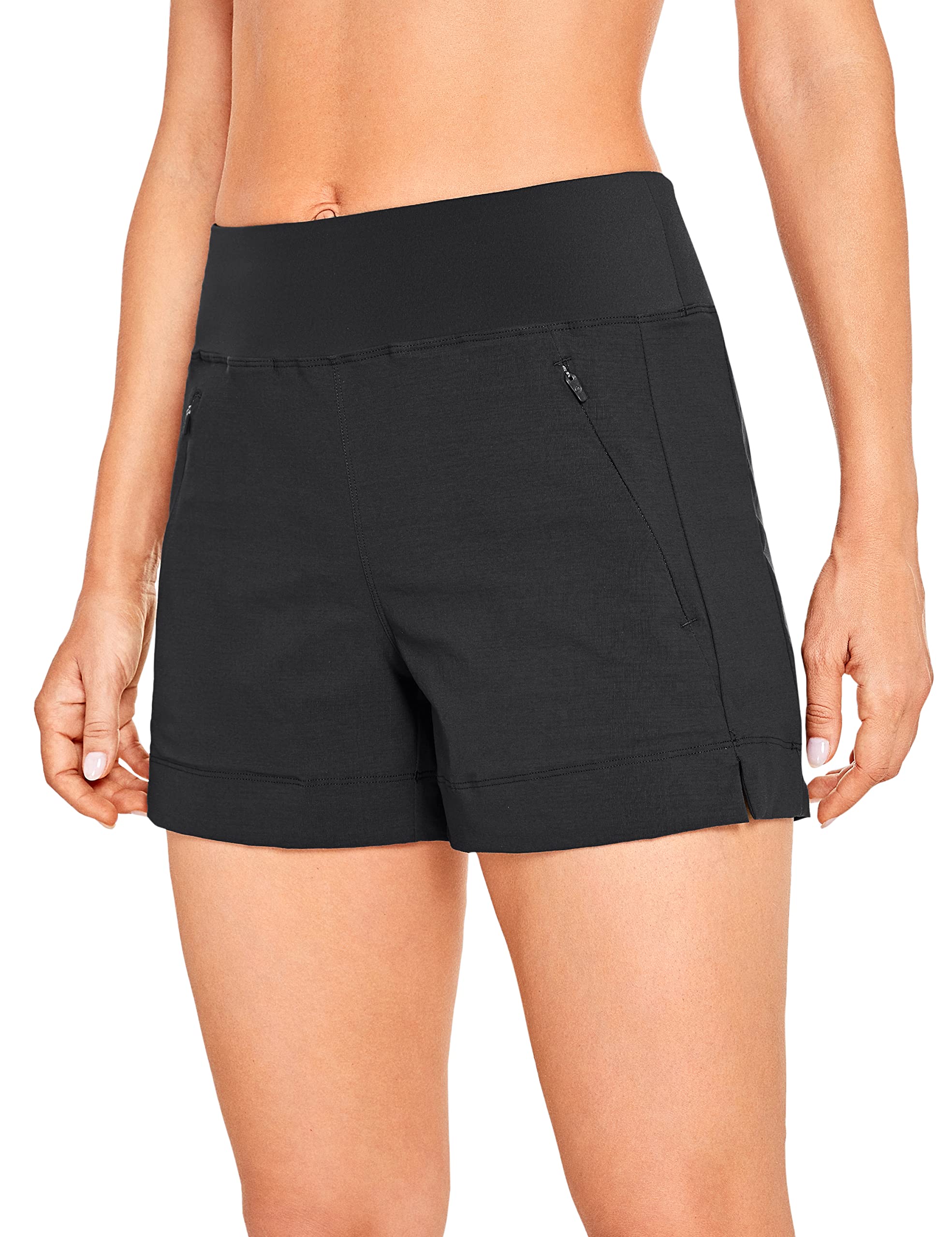 CRZ YOGA Women's Lightweight Mid Rise Hiking Shorts 4'' - Stretch Athletic Summer Travel Outdoor Golf Shorts Zip Pockets Ink Gray Medium