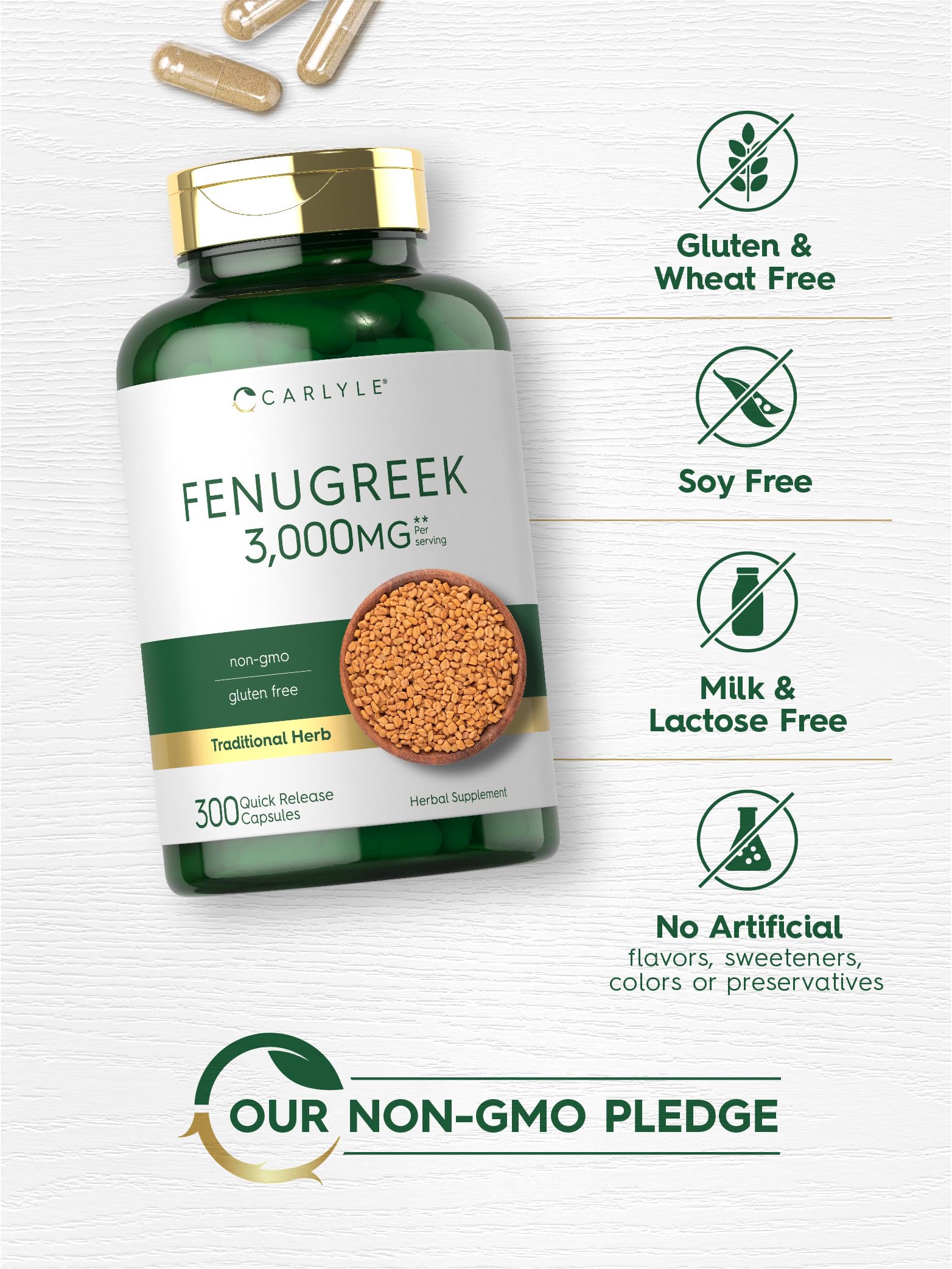 Carlyle Fenugreek Capsules | 300 Count | Non-GMO & Gluten Free Extract | Fenugreek Seeds