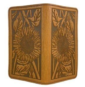 oberon design sunflower embossed genuine leather checkbook cover, 3.5x6.5 inches, marigold, made in the usa