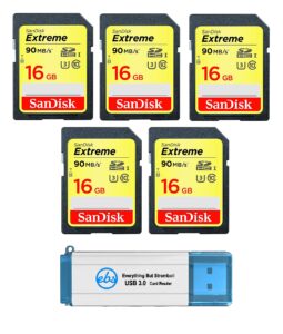 sandisk extreme 16 gb sd card (5 pack) speed class 10 uhs-1 u3 c10 4k hd 16g sdhc memory cards for compatible digital camera, computer, trail cameras