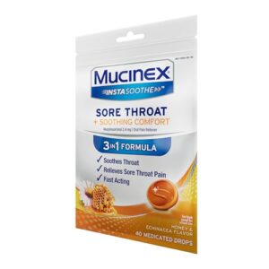 Mucinex Instasoothe Sore Throat Relief Drops, Sore Throat Lozenges, Sore Throat Medicine with Hexylresorcinol, Cough Drops Alternative, Honey & Echinacea Flavor Medicated Numbing Throat Drops, 40 ct