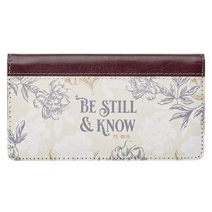 christian art gifts checkbook cover for women be still and know neutral floral christian wallet, faux leather christian checkbook cover for duplicate checks, id & credit cards, pen loop - psalm 46:10