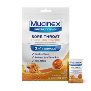 mucinex instasoothe sore throat relief drops, sore throat lozenges, sore throat medicine with hexylresorcinol, cough drops alternative, honey & echinacea flavor medicated numbing throat drops, 40 ct