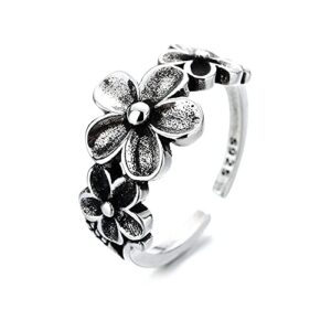 vintage plumeria flower 925 silver plated open band ring for women statement adjustable expandable daisy knuckle finger rings comfort fit oxidized retro birthday jewelry gift