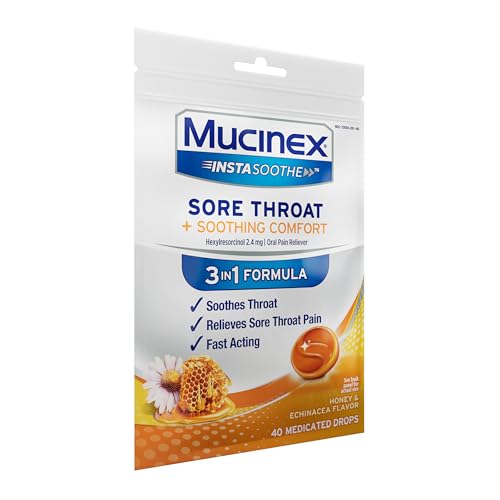 Mucinex Instasoothe Sore Throat Relief Drops, Sore Throat Lozenges, Sore Throat Medicine with Hexylresorcinol, Cough Drops Alternative, Honey & Echinacea Flavor Medicated Numbing Throat Drops, 40 ct