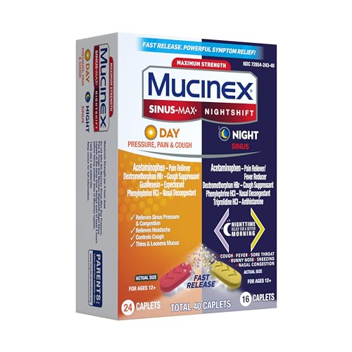 Mucinex Sinus-Max Day Pressure, Pain & Cough & Nightshift Night Sinus Medicine for Adults, Day/Night Combo Pack for Sore Throat Relief, Nasal Congestion Relief, Cough & Cold Medicines, 40 Caplets