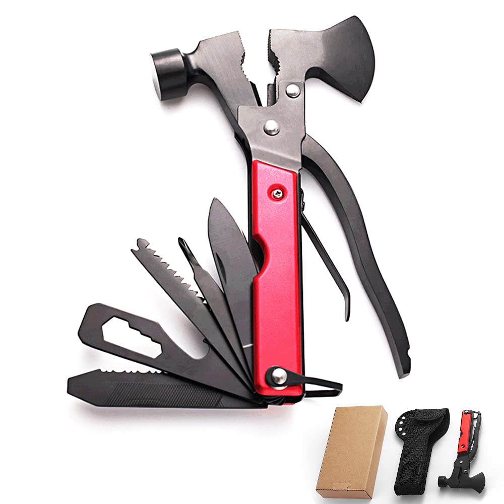 Outdoor Survival Multitool Camping Accessories Gear and Equipment with Durable Sheath 14 in 1 Portable Hatchet with Axe Hammer Saw Screwdrivers Pliers Bottle Opener Knife Gift for Men Women