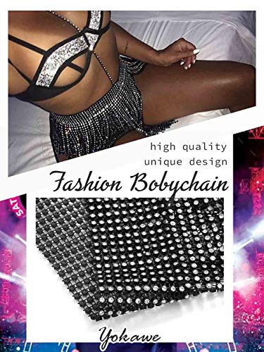 Yokawe Crystal Tassel Skirts Rhinestone Body Chains Sexy Belly Dance Skirt Summer Beach Hip Waist Chain Belt Nightclub Rave Party Jewelry Accessories for Women (Black)