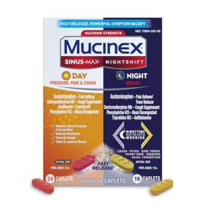 mucinex sinus-max day pressure, pain & cough & nightshift night sinus medicine for adults, day/night combo pack for sore throat relief, nasal congestion relief, cough & cold medicines, 40 caplets