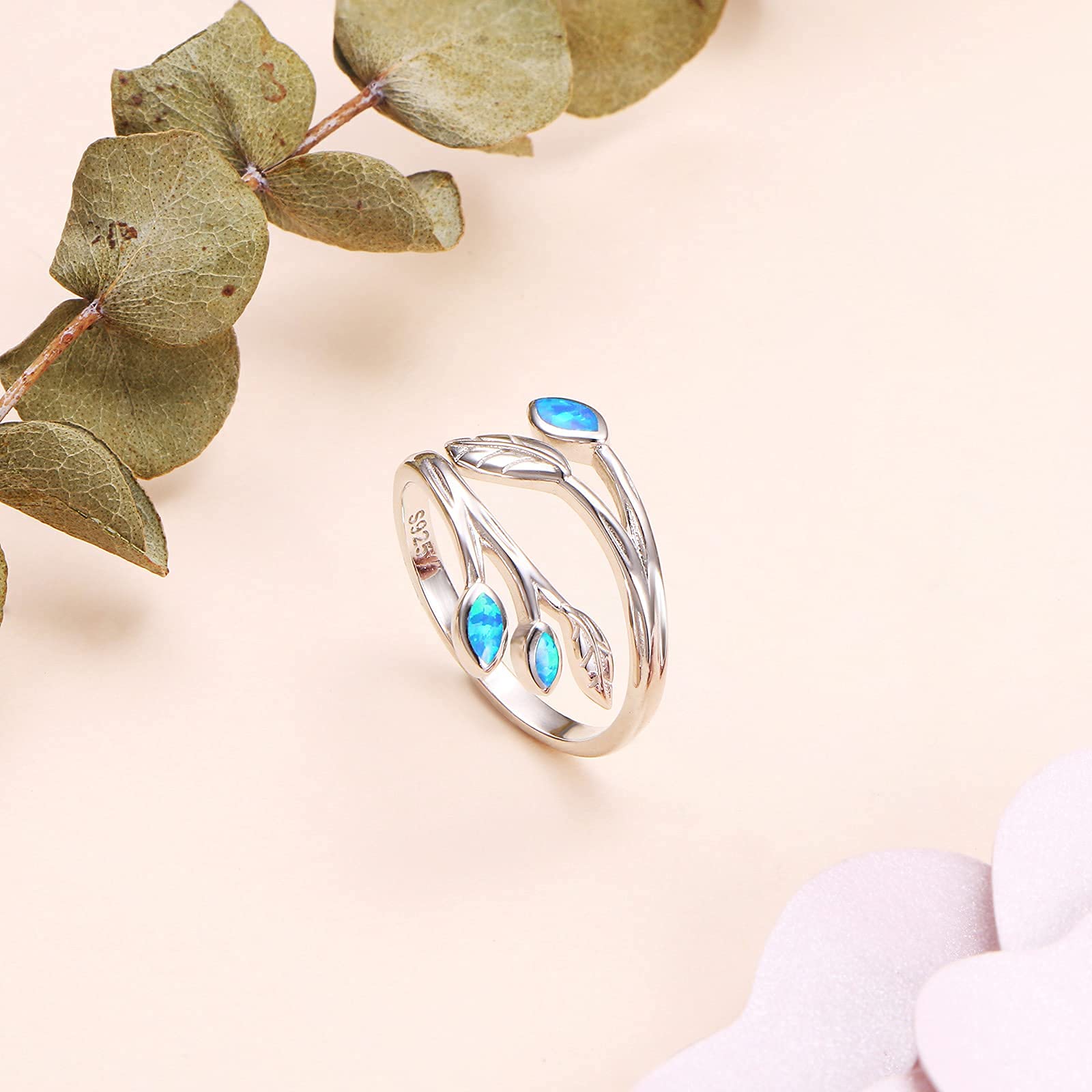 HOOHWE 925 Sterling Silver Leaf Rings for Women, Opal Adjustable Wrap Olive Branch Ring for Daily Wear Wedding Ring Unique Marquise Shape Open Leaf Rings Jewelry Gifts for Women with Gift Box