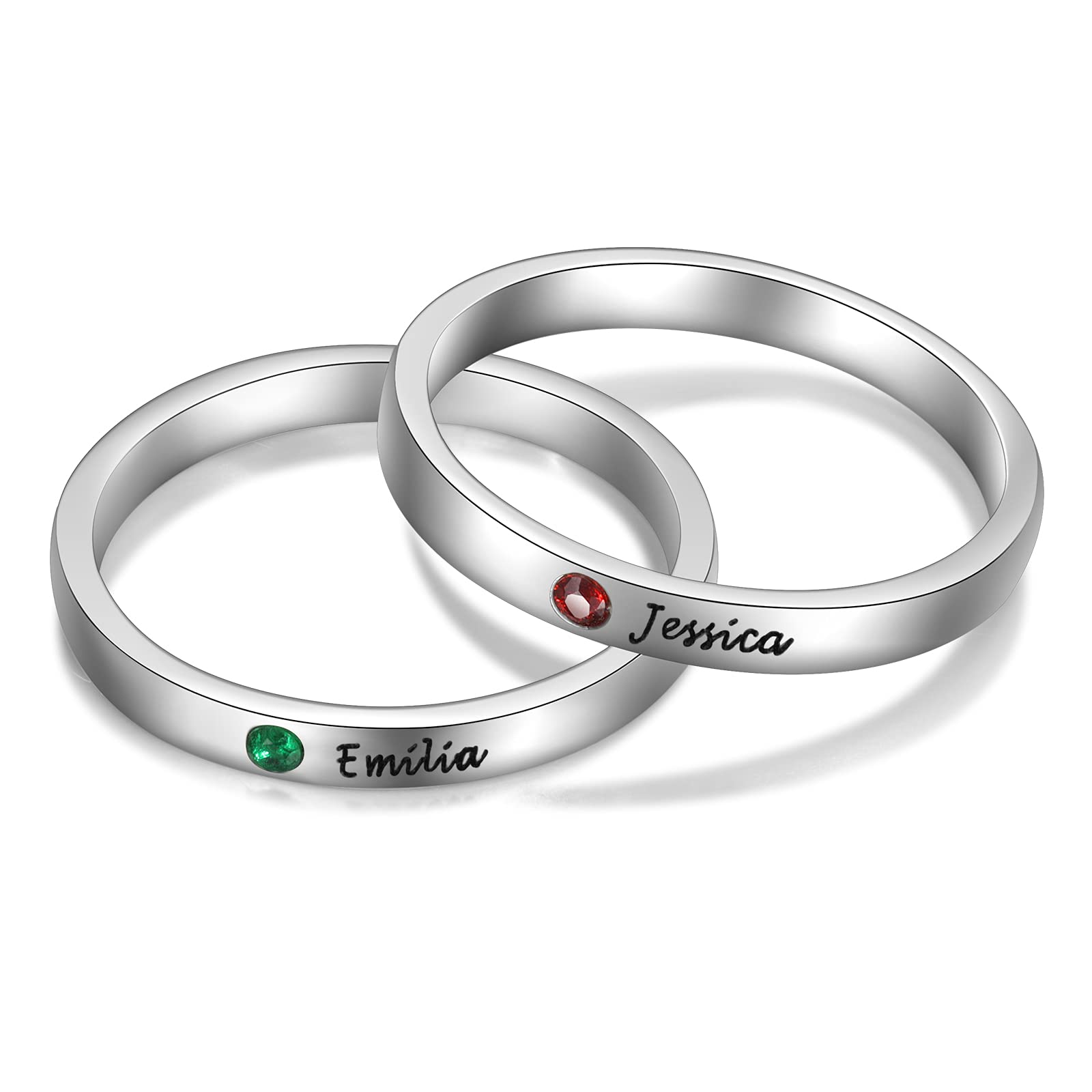 Lovejewelry 2PCS Personalized Custom Engraved Name Initial Rings with Simulated Birthstones Customized Best Friend Rings for Women Girls (2PCS)